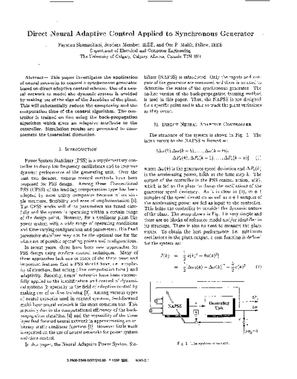 Pdf Direct Neural Adaptive Control Applied To Synchronous Generator