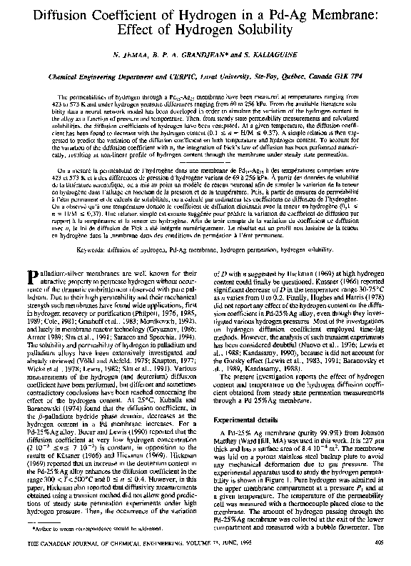 (PDF) Diffusion coefficient of hydrogen in a Pd-Ag membrane: Effect of hydrogen solubility