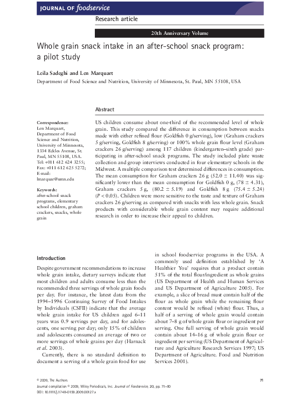 (PDF) Whole grain snack intake in an after-school snack program: a ...