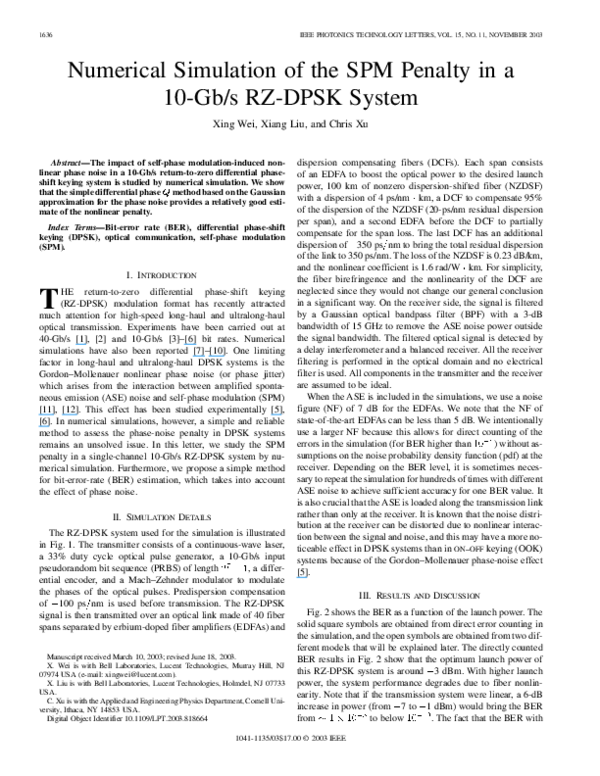 (PDF) Numerical simulation of the SPM penalty in a 10Gb/s RZ-DPSK system