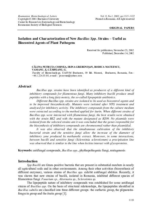 (PDF) Isolation and Characterization of New Bacillus Spp. Strains – Useful as Biocontrol Agents ...