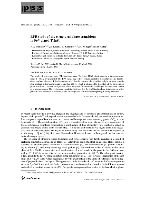 (PDF) EPR Analysis of Fe3+ in TlInS2 Phase Transitions