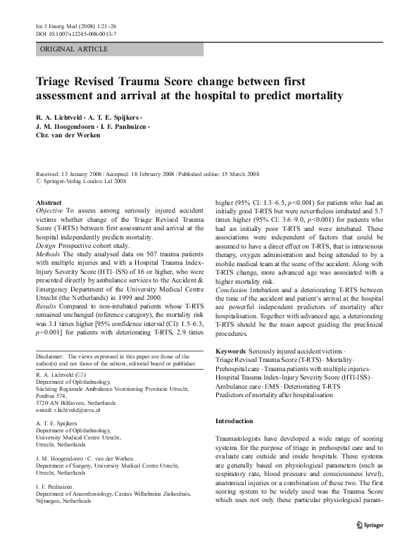 (PDF) Triage Revised Trauma Score change between first assessment and ...