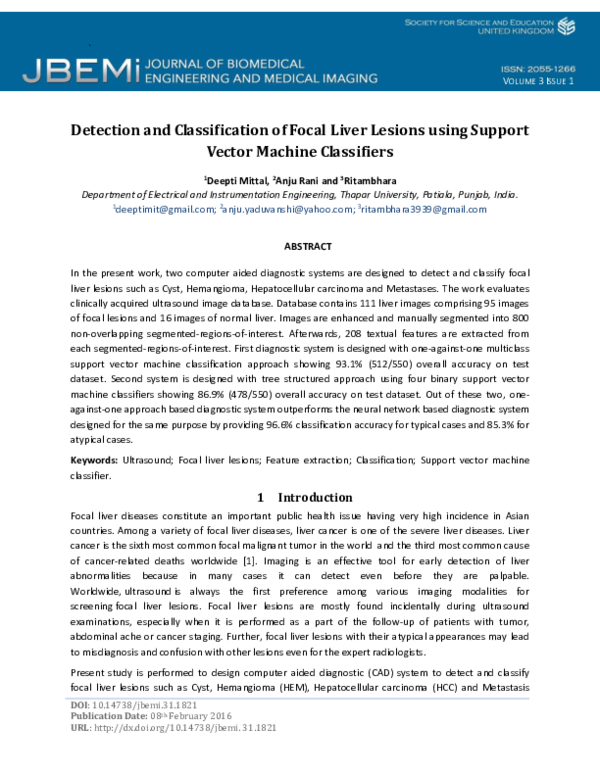 Pdf Detection And Classification Of Focal Liver Lesions Using Support