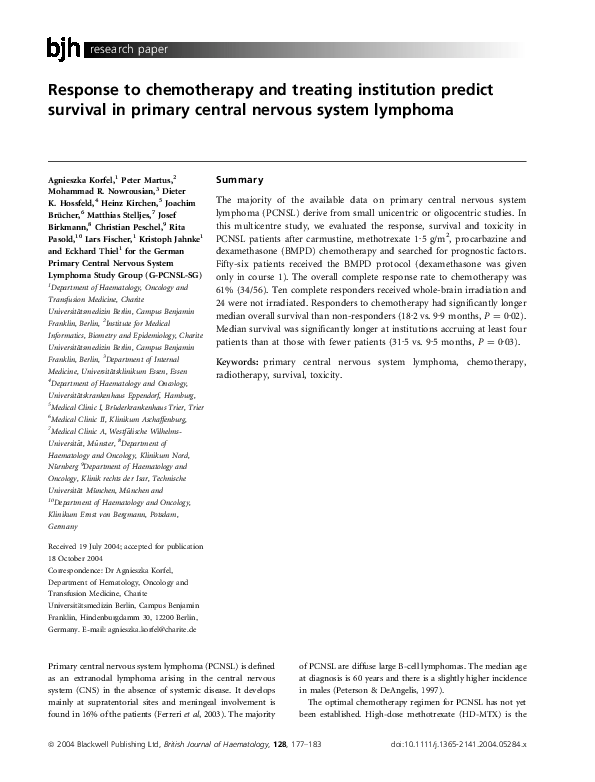 (PDF) Response to chemotherapy and treating institution predict survival in primary central ...