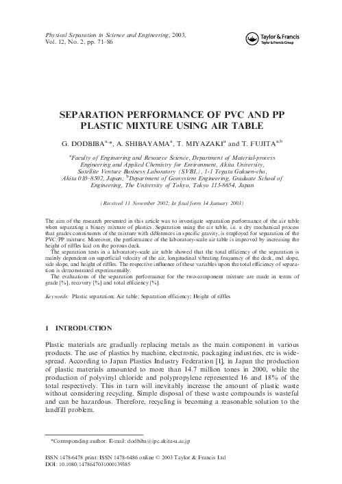 (PDF) Separation Performance of PVC and PP Plastic Mixture Using Air Table