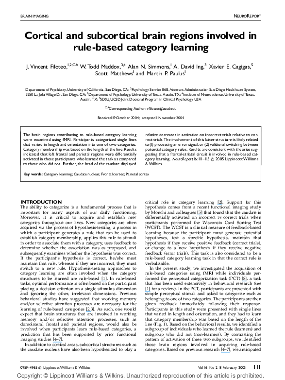 (PDF) Cortical and subcortical brain regions involved in rule-based category learning