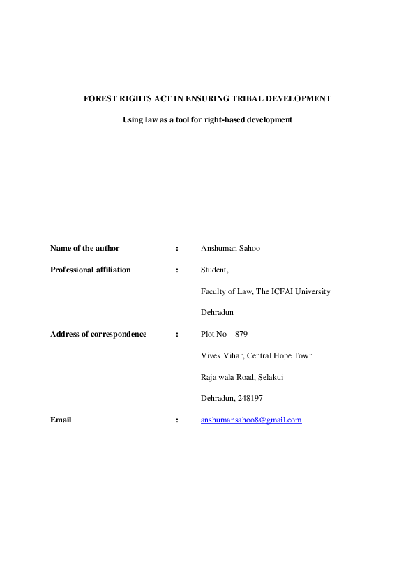 (PDF) FOREST RIGHTS ACT IN ENSURING TRIBAL DEVELOPMENT Using law as a ...