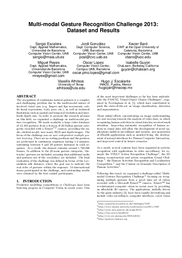 (PDF) Multi-modal gesture recognition challenge 2013