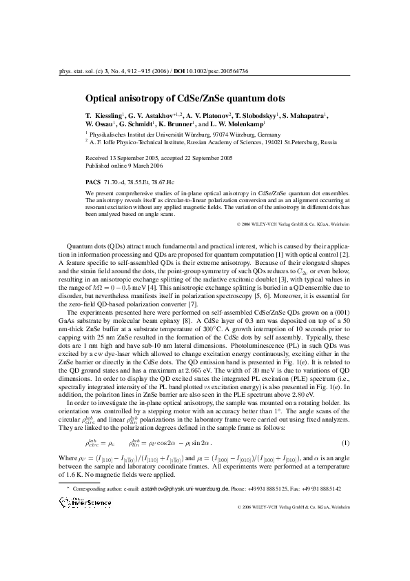 (PDF) In-Plane Optical Anisotropy in CdSe/ZnSe QDs