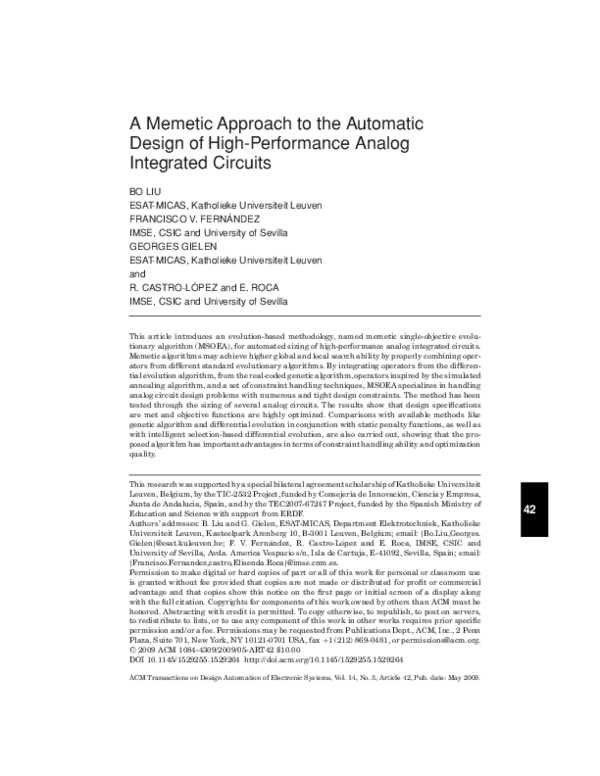 (PDF) A memetic approach to the automatic design of high-performance analog integrated circuits