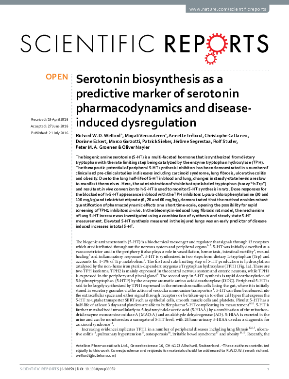 (PDF) Serotonin biosynthesis as a predictive marker of serotonin ...