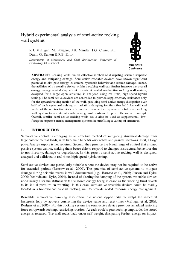 (PDF) Hybrid experimental analysis of semi-active rocking wall systems ...