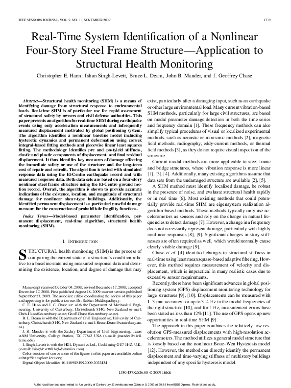 (PDF) Real-Time Structural Health Monitoring of a Non-linear Four Storey Steel Frame Structure