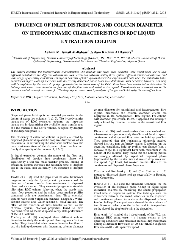 (PDF) INFLUENCE OF INLET DISTRIBUTOR AND COLUMN DIAMETER ON ...