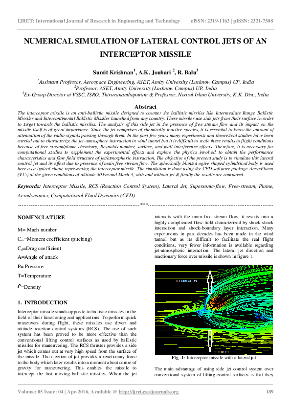 (PDF) NUMERICAL SIMULATION OF LATERAL CONTROL JETS OF AN INTERCEPTOR ...