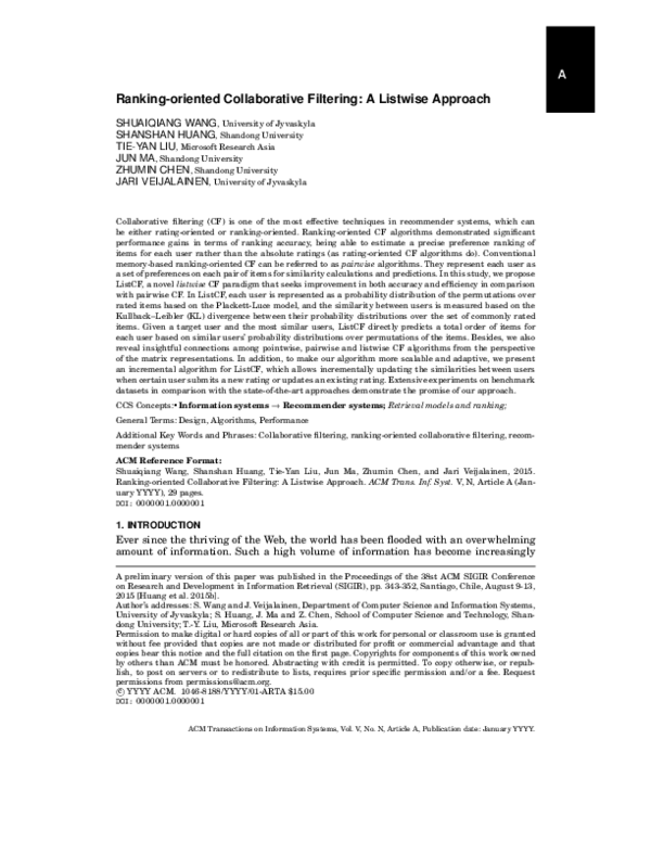 Pdf A Ranking Oriented Collaborative Filtering A Listwise Approach
