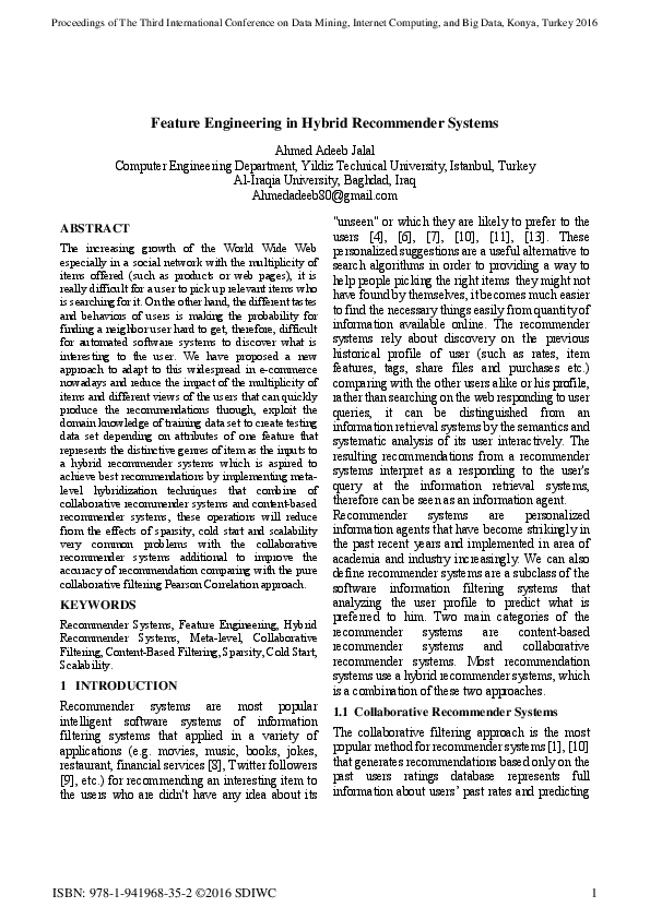 (PDF) Feature Engineering in Hybrid Recommender Systems