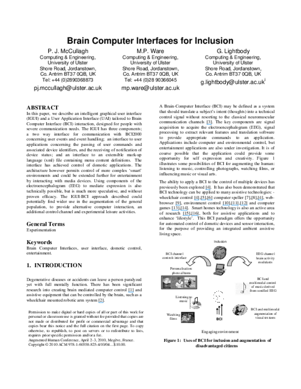 (PDF) Brain Computer Interfaces for inclusion