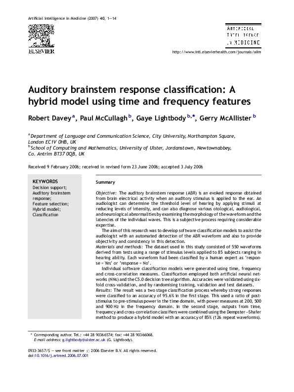 (PDF) Auditory brainstem response classification: A hybrid model using time and frequency features