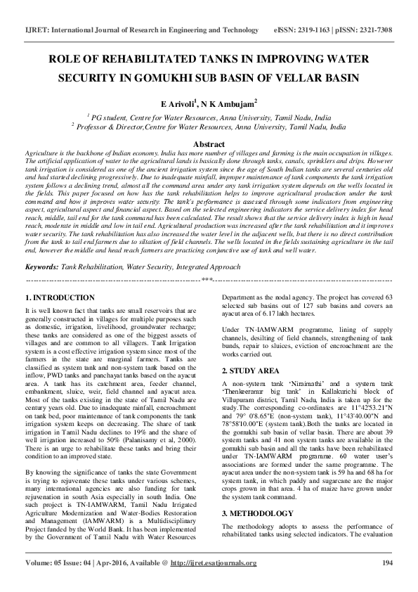 (PDF) ROLE OF REHABILITATED TANKS IN IMPROVING WATER SECURITY IN ...