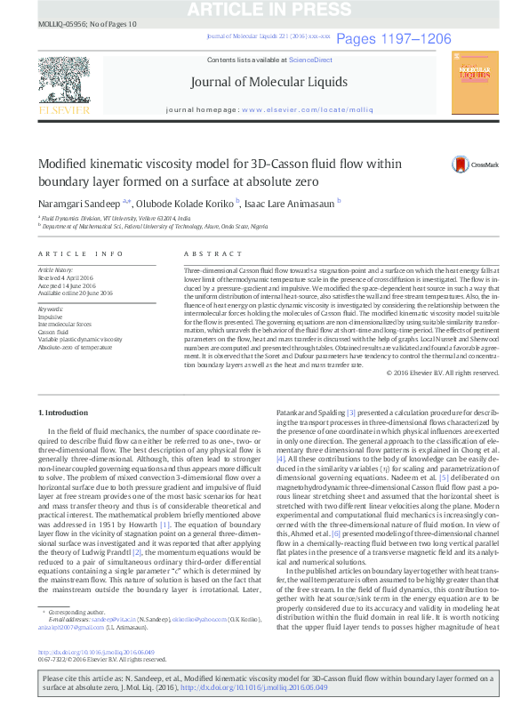 Pdf Modified Kinematic Viscosity Model For 3d Casson Fluid Flow Within Boundary Layer Formed