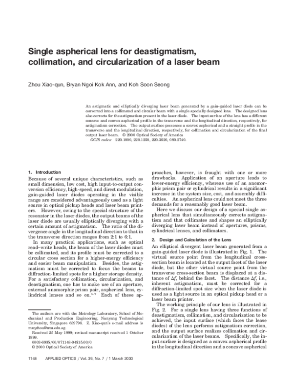 (PDF) Single Aspherical Lens for Deastigmatism, Collimation, and ...