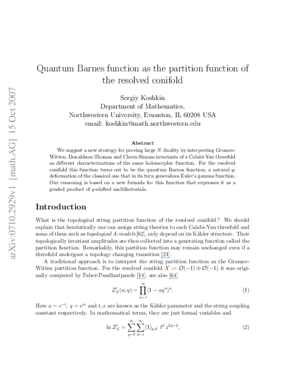 Pdf Quantum Barnes Function As The Partition Function Of The Resolved