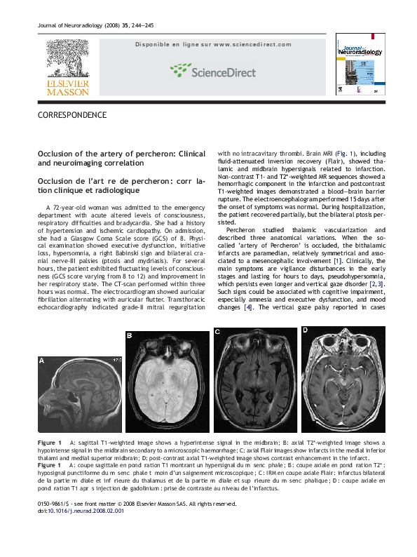 (PDF) Occlusion of the artery of percheron: Clinical and neuroimaging ...