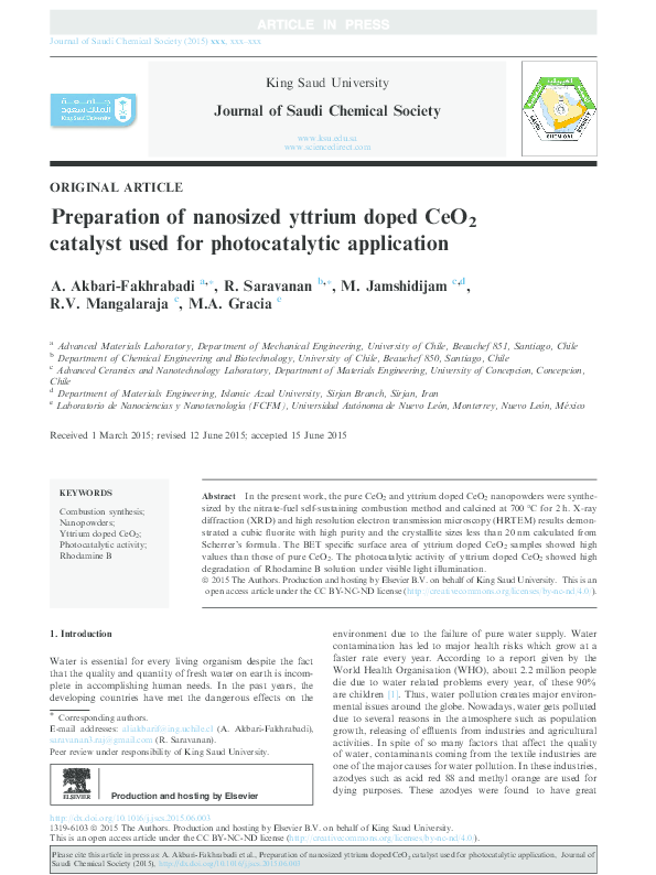 (PDF) Preparation of nanosized yttrium doped CeO 2 catalyst used for ...
