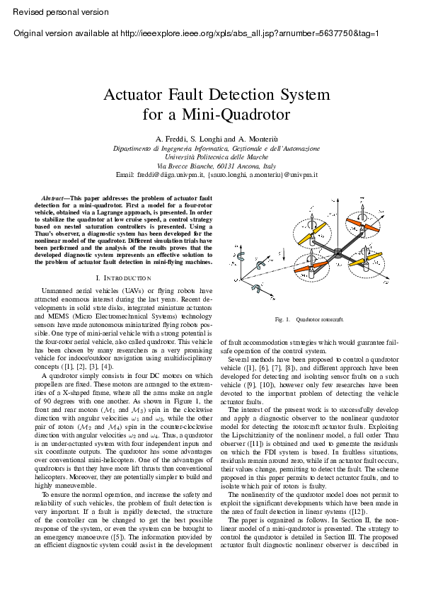 Pdf Actuator Fault Detection System For A Mini Quadrotor