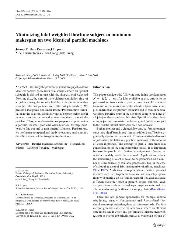 Pdf Minimizing Total Weighted Flowtime Subject To Minimum Makespan On Two Identical Parallel