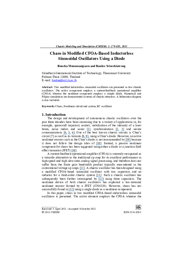 (PDF) Chaos in Modified CFOA-Based Inductorless Sinusoidal Oscillators Using a Diode