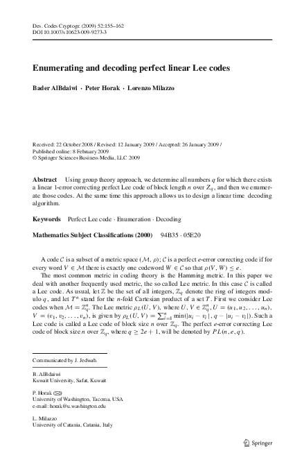 (PDF) Enumerating and decoding perfect linear Lee codes