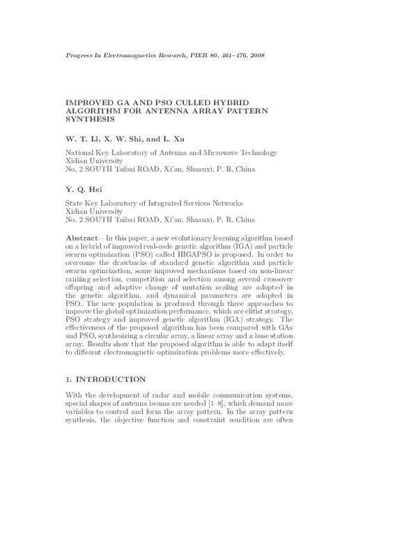 (PDF) IMPROVED GA AND PSO CULLED HYBRID ALGORITHM FOR ANTENNA ARRAY PATTERN SYNTHESIS