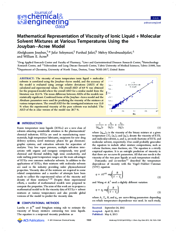 Pdf Mathematical Representation Of Viscosity Of Ionic Liquid Molecular Solvent Mixtures At