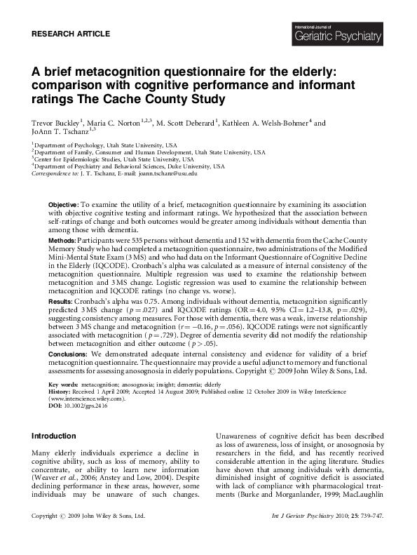 (PDF) A brief metacognition questionnaire for the elderly: comparison ...
