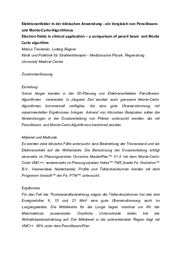 Pdf Electron Fields In Clinical Application A Comparison Of Pencil Beam And Monte Carlo Algorithm