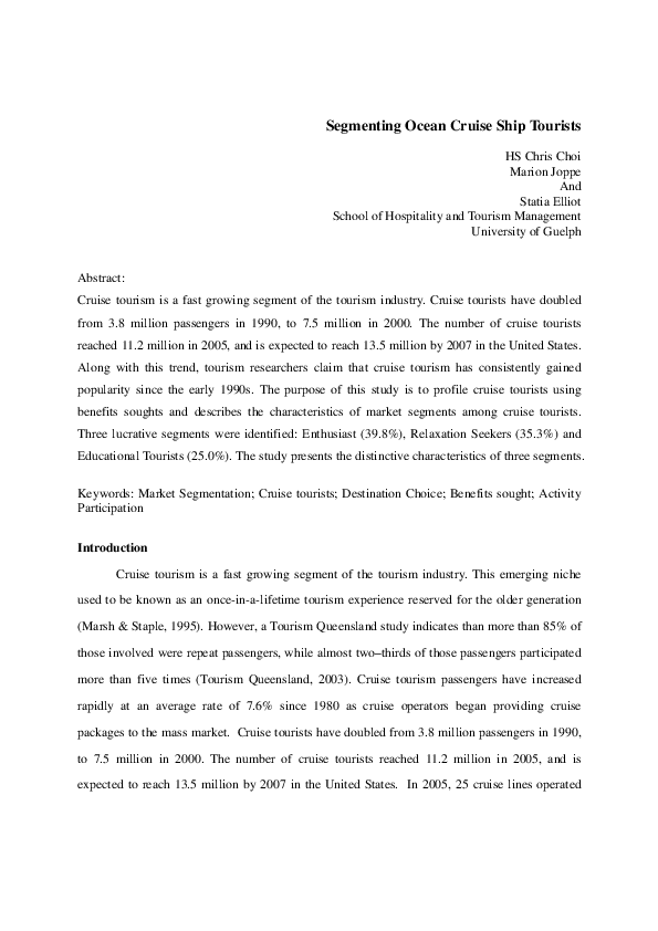 (PDF) Segmenting Ocean Cruise Ship Tourists | Statia Elliot and Marion Joppe - Academia.edu