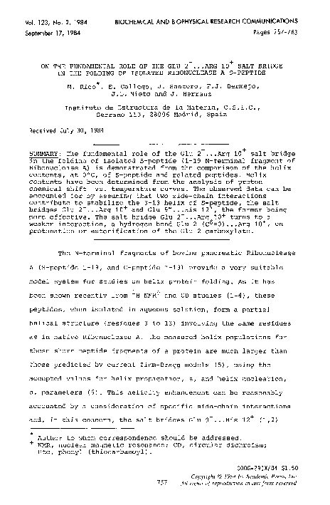 (PDF) On the fundamental role of the glu 2−...Arg 10+ salt bridge in ...