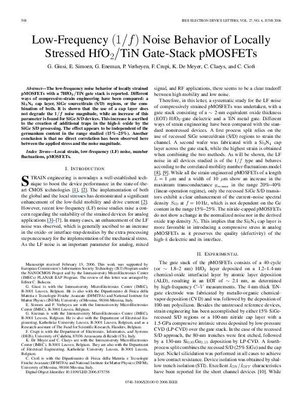 (PDF) Low-frequency (1/f) noise behavior of locally stressed HfO/sub 2//TiN gate-stack pMOSFETs