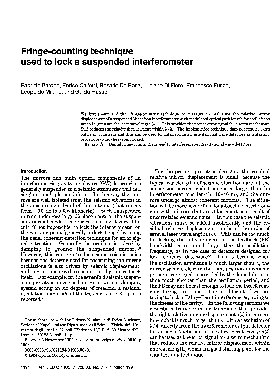 (PDF) Fringe-counting technique used to lock a suspended interferometer