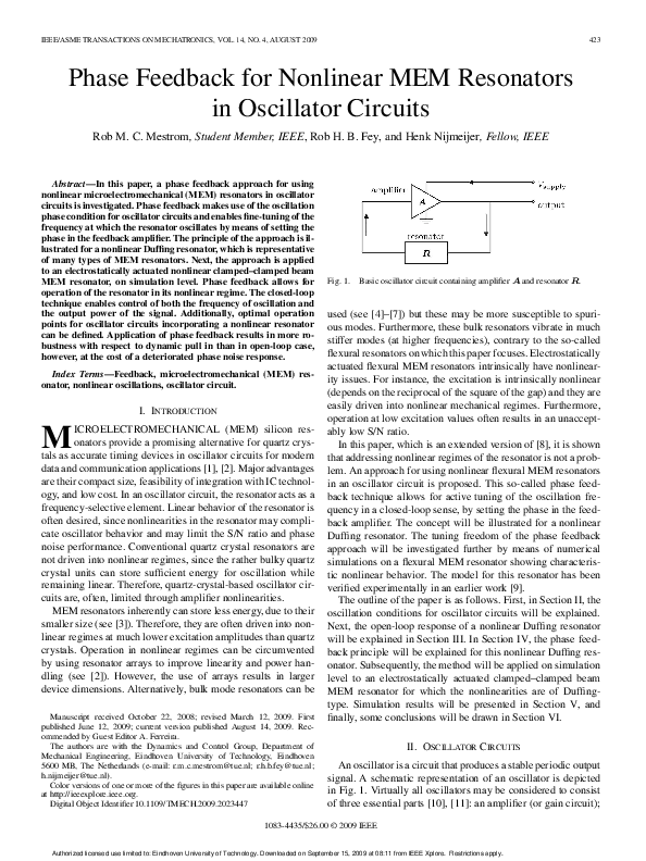 (PDF) Phase Feedback for Nonlinear MEM Resonators in Oscillator Circuits