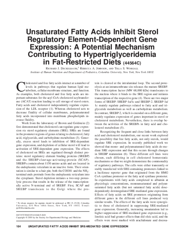 (PDF) Unsaturated Fatty Acids Inhibit Sterol Regulatory Element-Dependent Gene Expression: A ...
