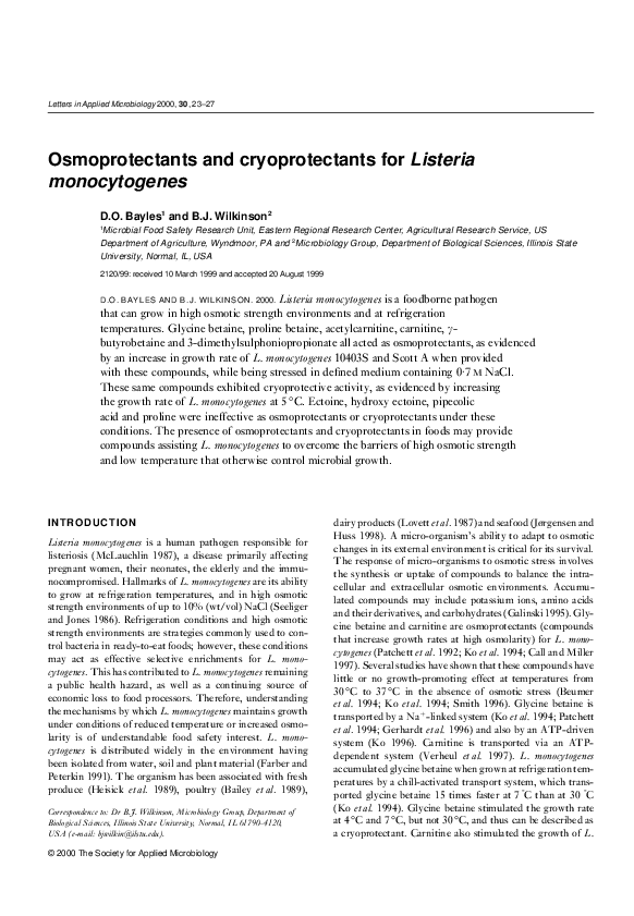 (PDF) Osmoprotectants and cryoprotectants for Listeria monocytogenes
