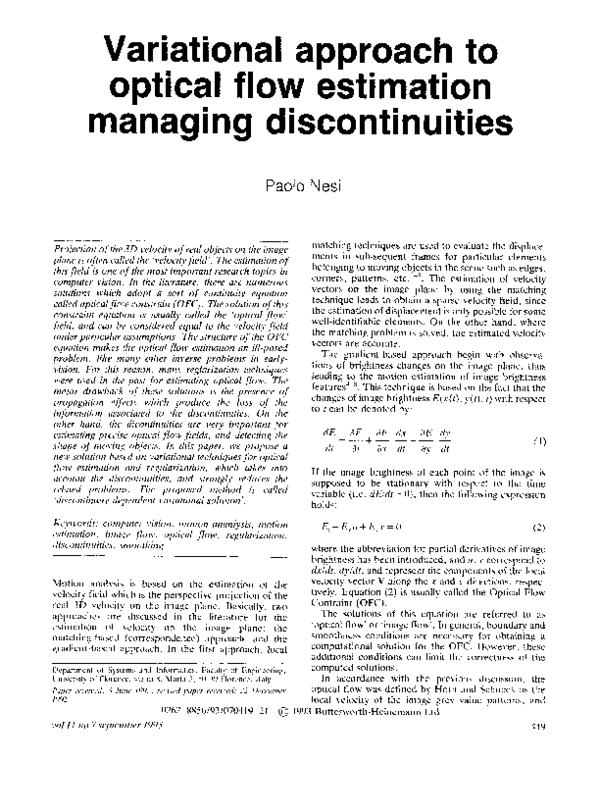 (PDF) Variational approach to optical flow estimation managing discontinuities