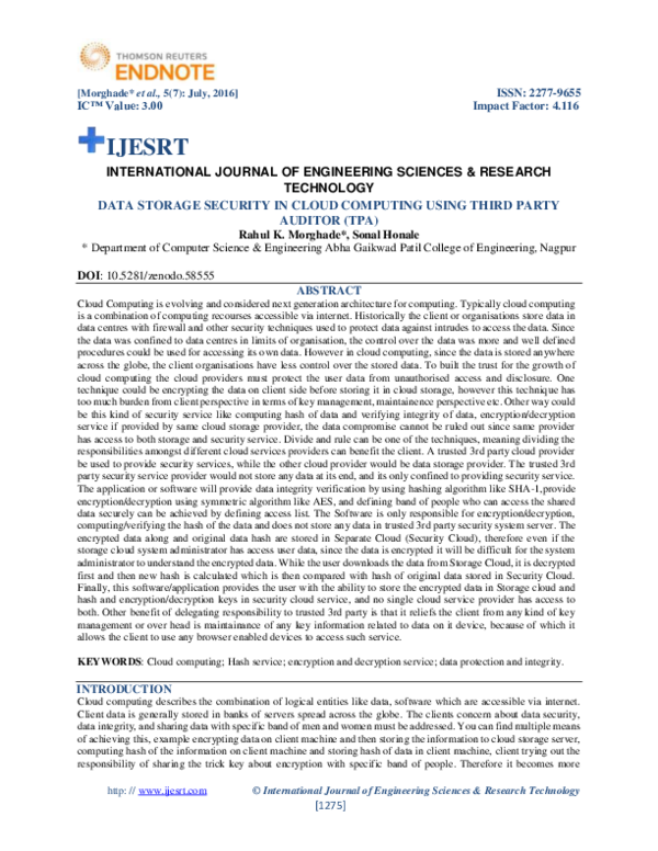 Pdf Data Storage Security In Cloud Computing Using Third Party Auditor Tpa