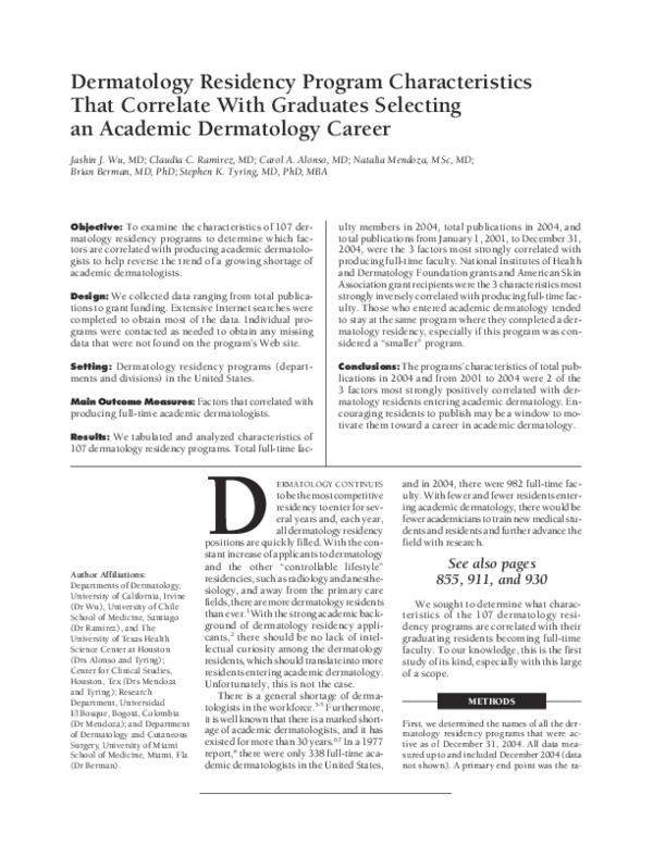 (PDF) Dermatology Residency Program Characteristics That Correlate With ...