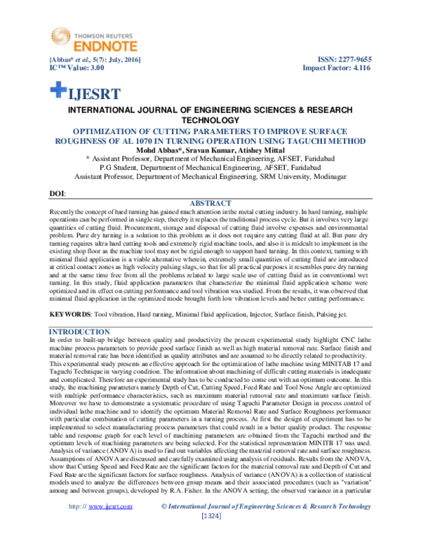 Pdf Optimization Of Cutting Parameters To Improve Surface Roughness