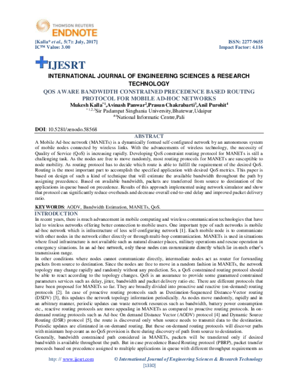 Pdf Qos Aware Bandwidth Constrained Precedence Based Routing Protocol